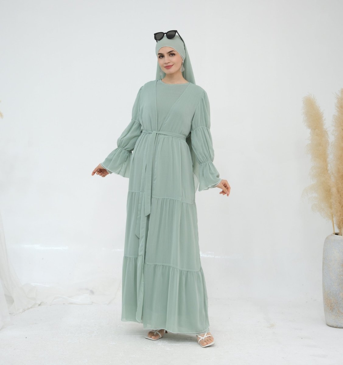 Solid Color Layered Chiffon Elegant Open Abaya 2-Piece Set (MOA132)
