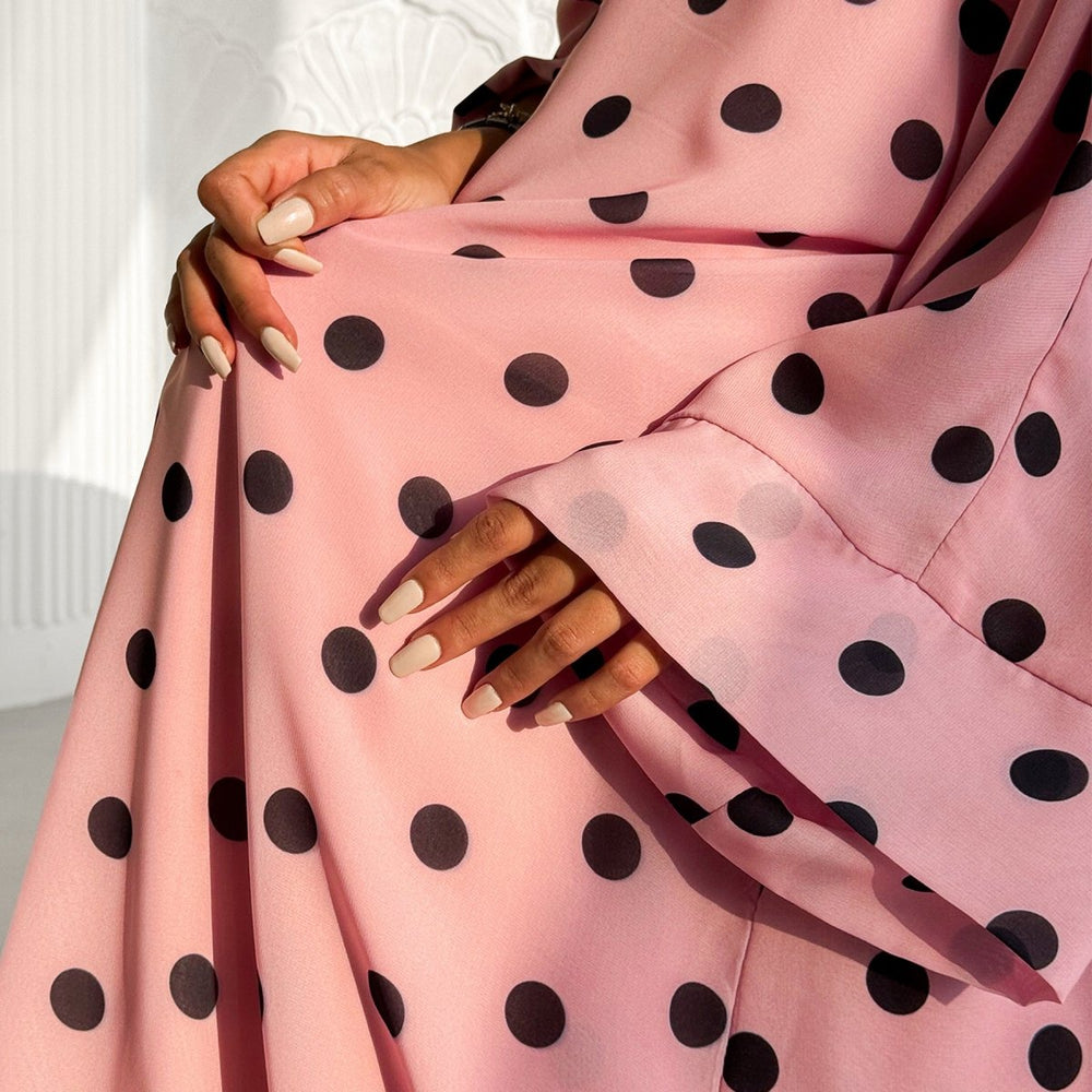 Polka Dot Open Abaya Set – 2-Piece Crepe Abaya with Hijab