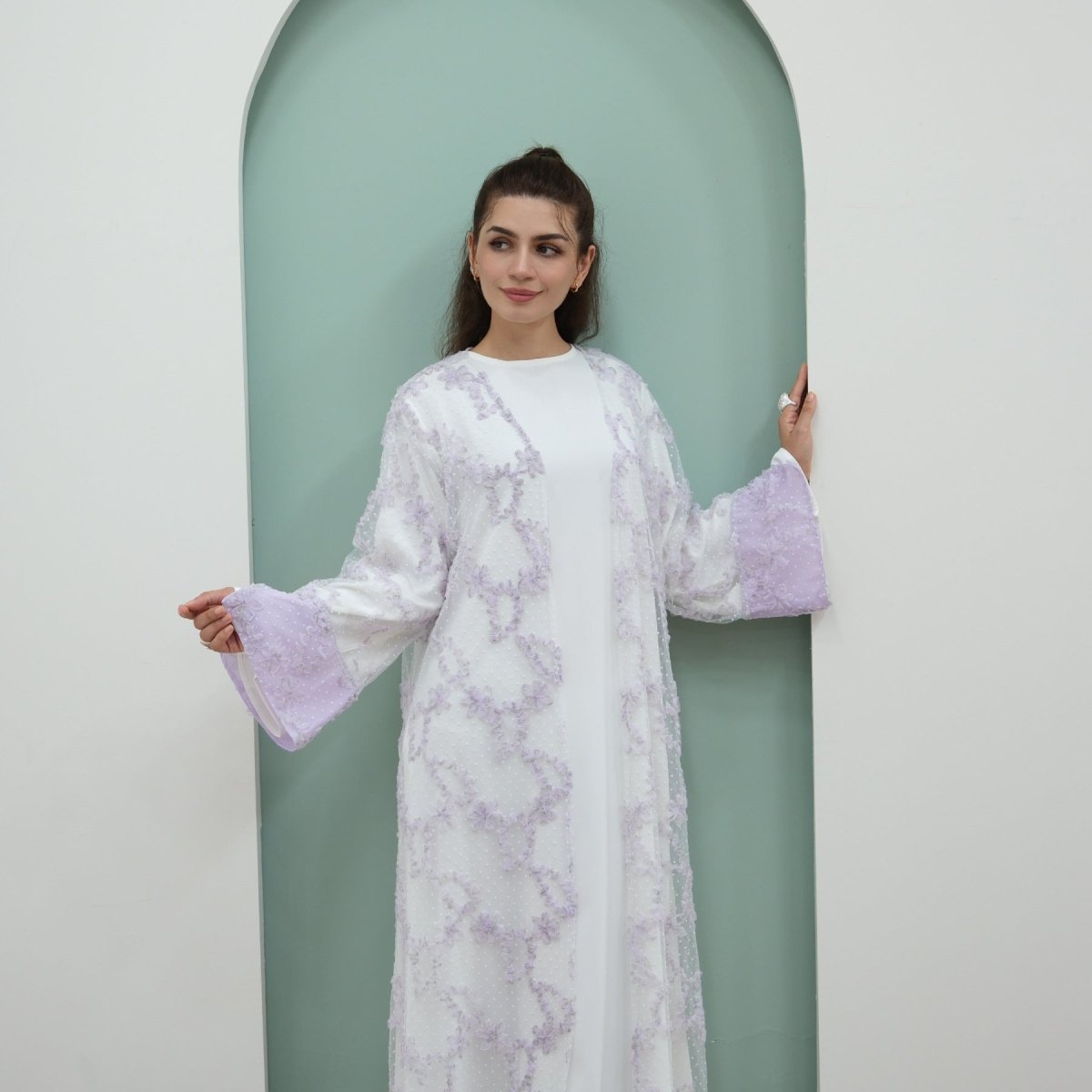 3D Floral Mesh Open Abaya (MOA288) - Mariam's Collection