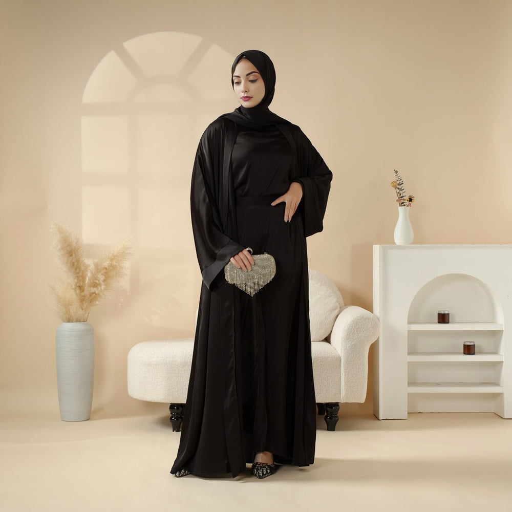 Luxury Satin Modest Abaya Set 4-Piece – Elegant Open Abaya, Top, Pants ...