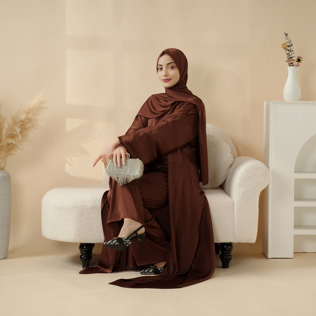 Luxury Satin Modest Abaya Set 4-Piece – Elegant Open Abaya, Top, Pants ...