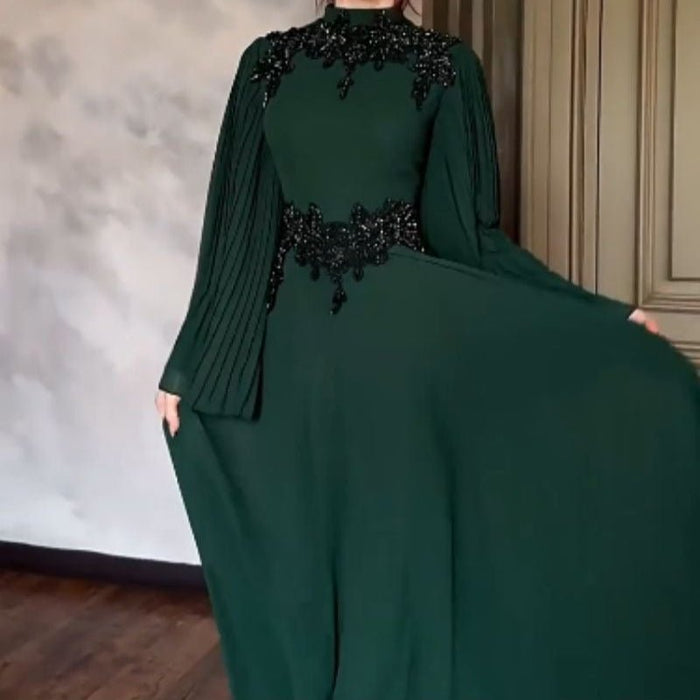 Beaded Lace Evening Gown | Pleated Sleeve Maxi Dress with Crystal Appl