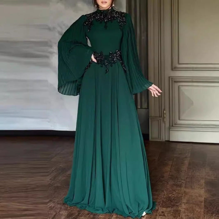 Beaded Lace Evening Gown | Pleated Sleeve Maxi Dress with Crystal Appl