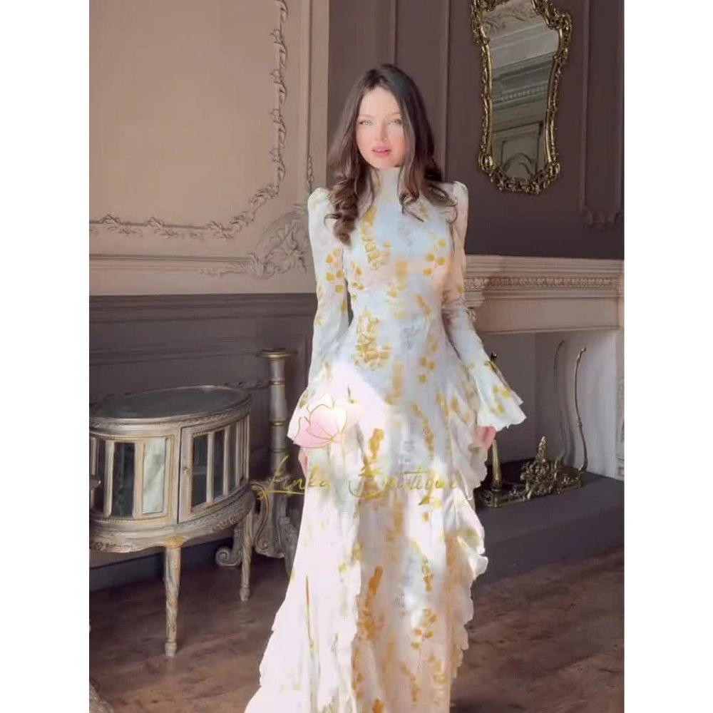 Bell Sleeve Floral Print Satin Lace-Up Back Long Sleeve Modest Abaya ...