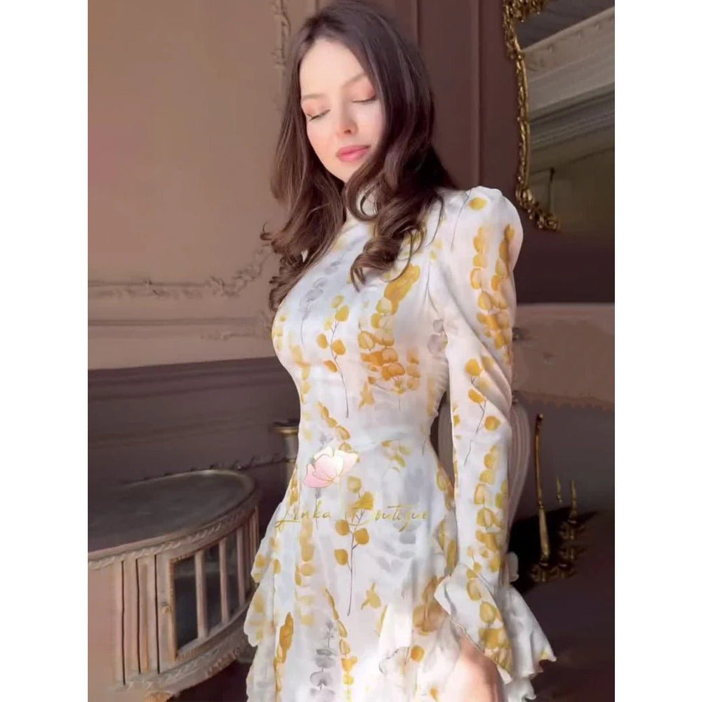 Bell Sleeve Floral Print Satin Lace-Up Back Long Sleeve Modest Abaya ...