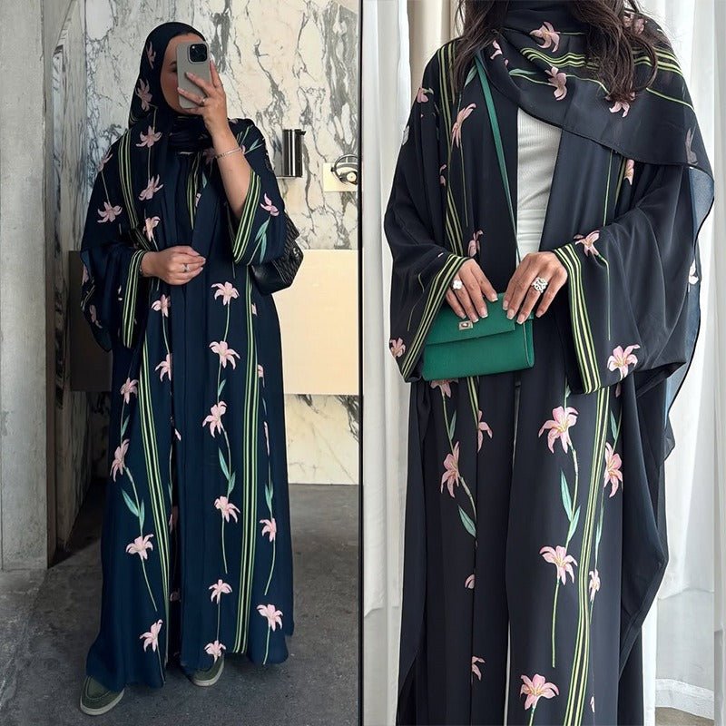 Black Floral Print Abaya Set | Lightweight Breathable Cardigan with Ma