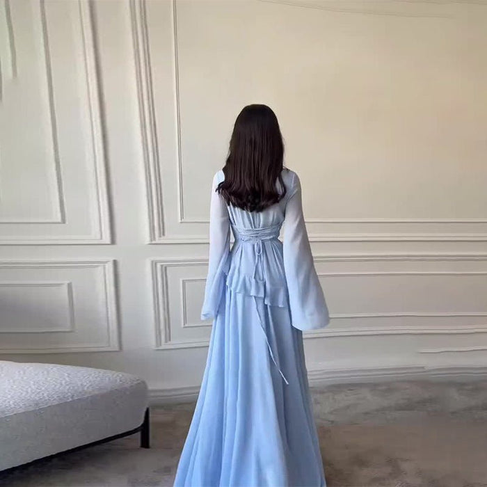 Chiffon Ruffle Gown with Tie-Back | Bell Sleeve Tiered Maxi Dress(MS22