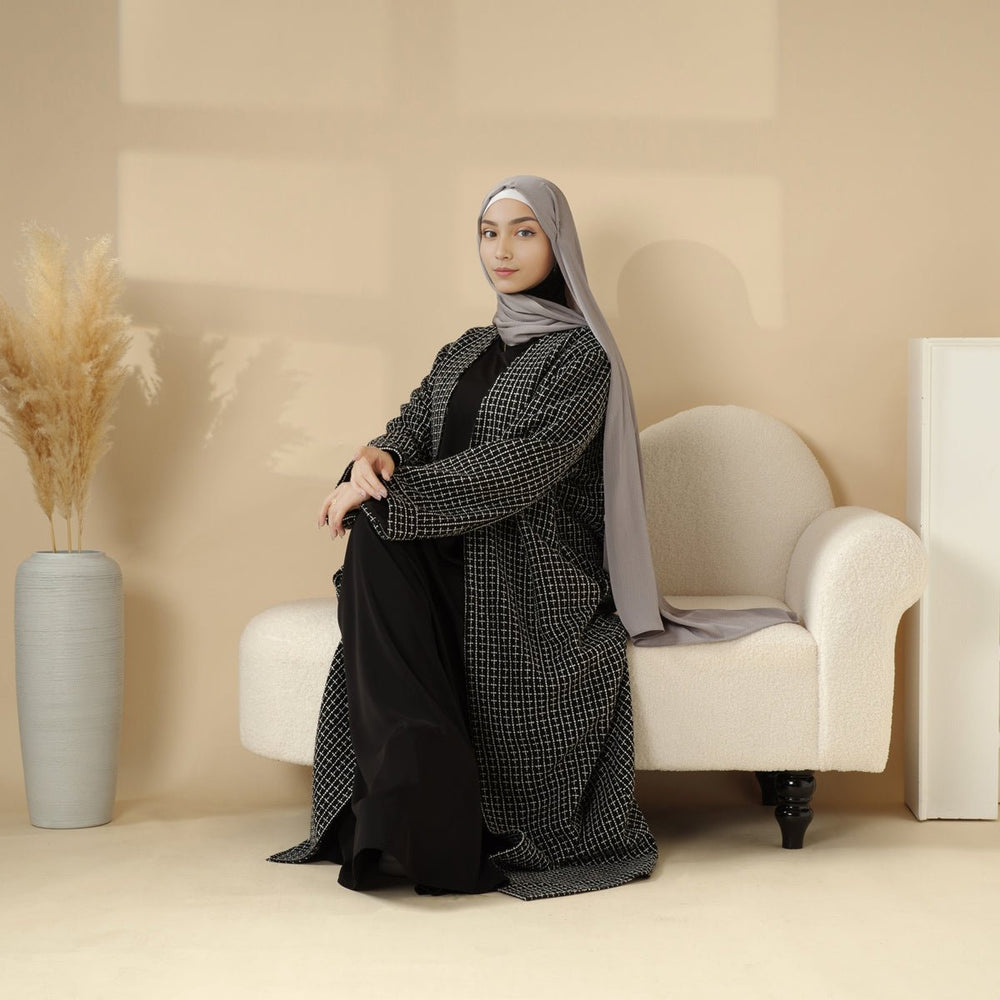 Classic Black White Cocoon Checkered Open Abaya Coat (MOA096)
