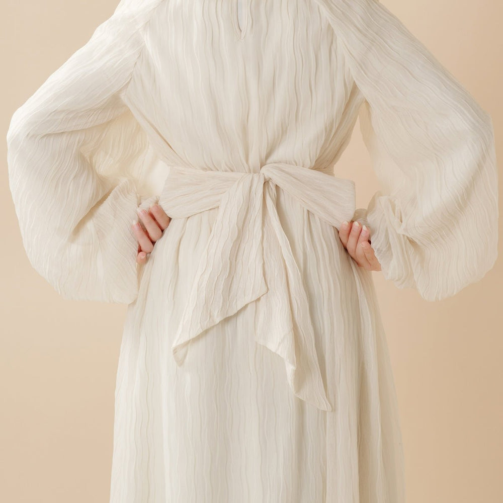 Elegant Cream White Pleat Textured Maxi Dress Puff Sleeves Abaya