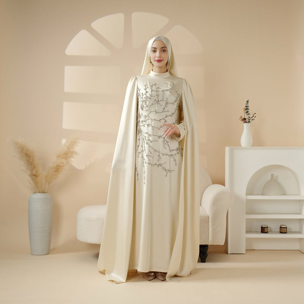 Luxury Hand-Embellished Cape Abaya – Champagne Ivory (MA144)