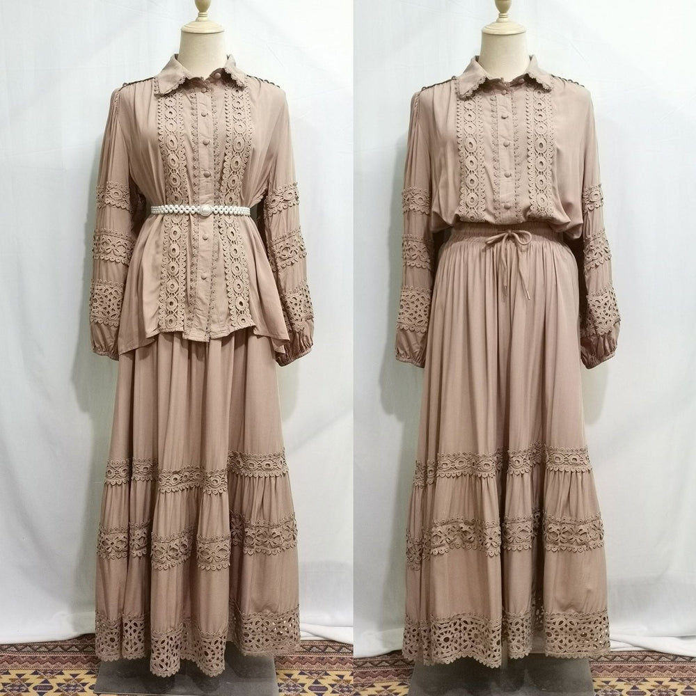Cutwork Lace Blouse & Tiered Maxi Skirt Set — Victorian Inspired Modest Set