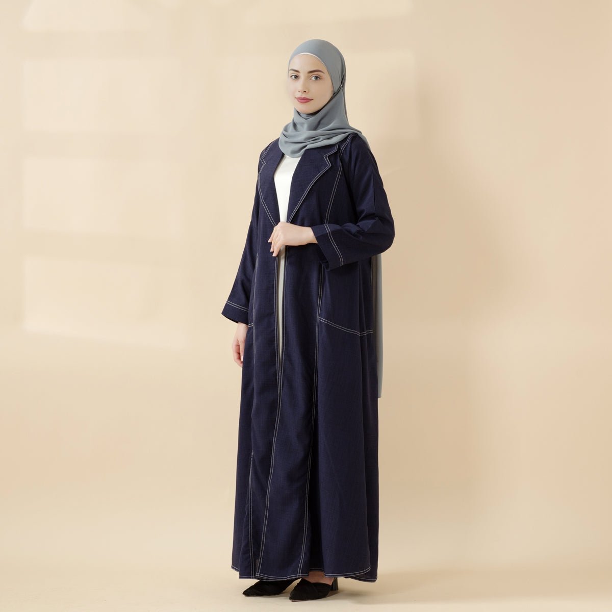 Denim Blue Open Abaya | Contrast Trench Coat Thin Denim Abaya