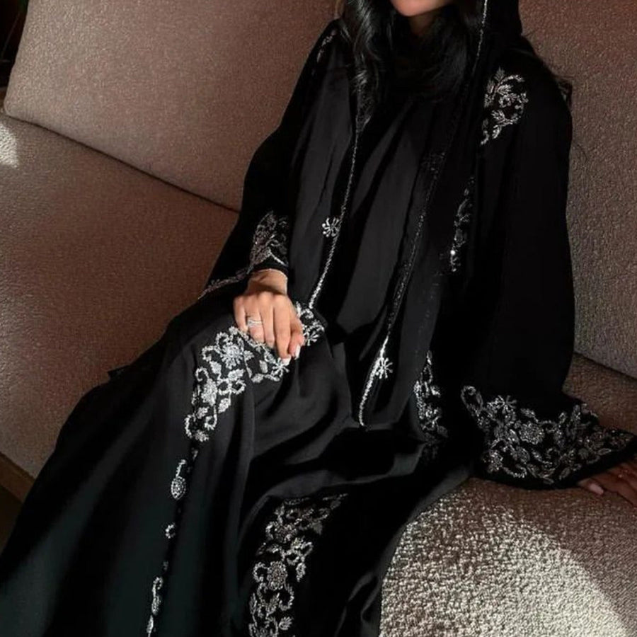 Luxury Black Embroidered Diamond Abaya Set