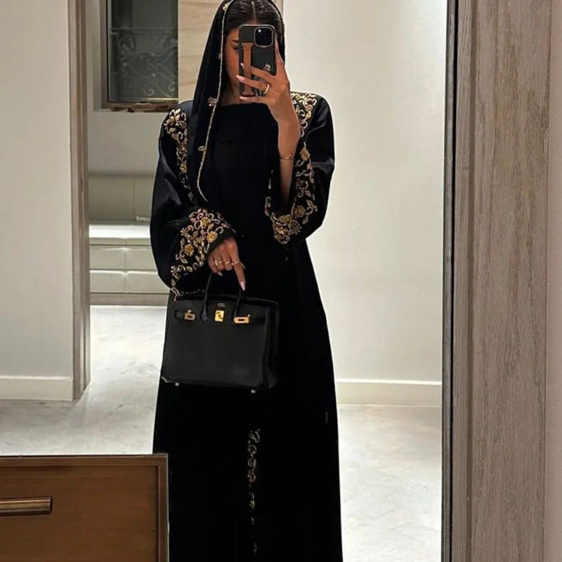 Luxury Black Embroidered Diamond Abaya Set