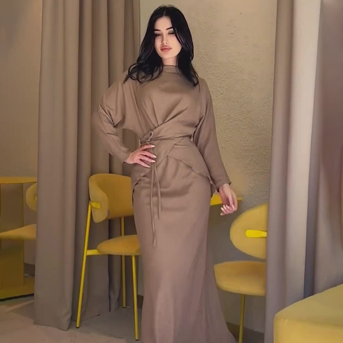 Elegant Long Sleeve Taupe Satin Cross-Lace Waist Skirt Two-Piece Abaya ...