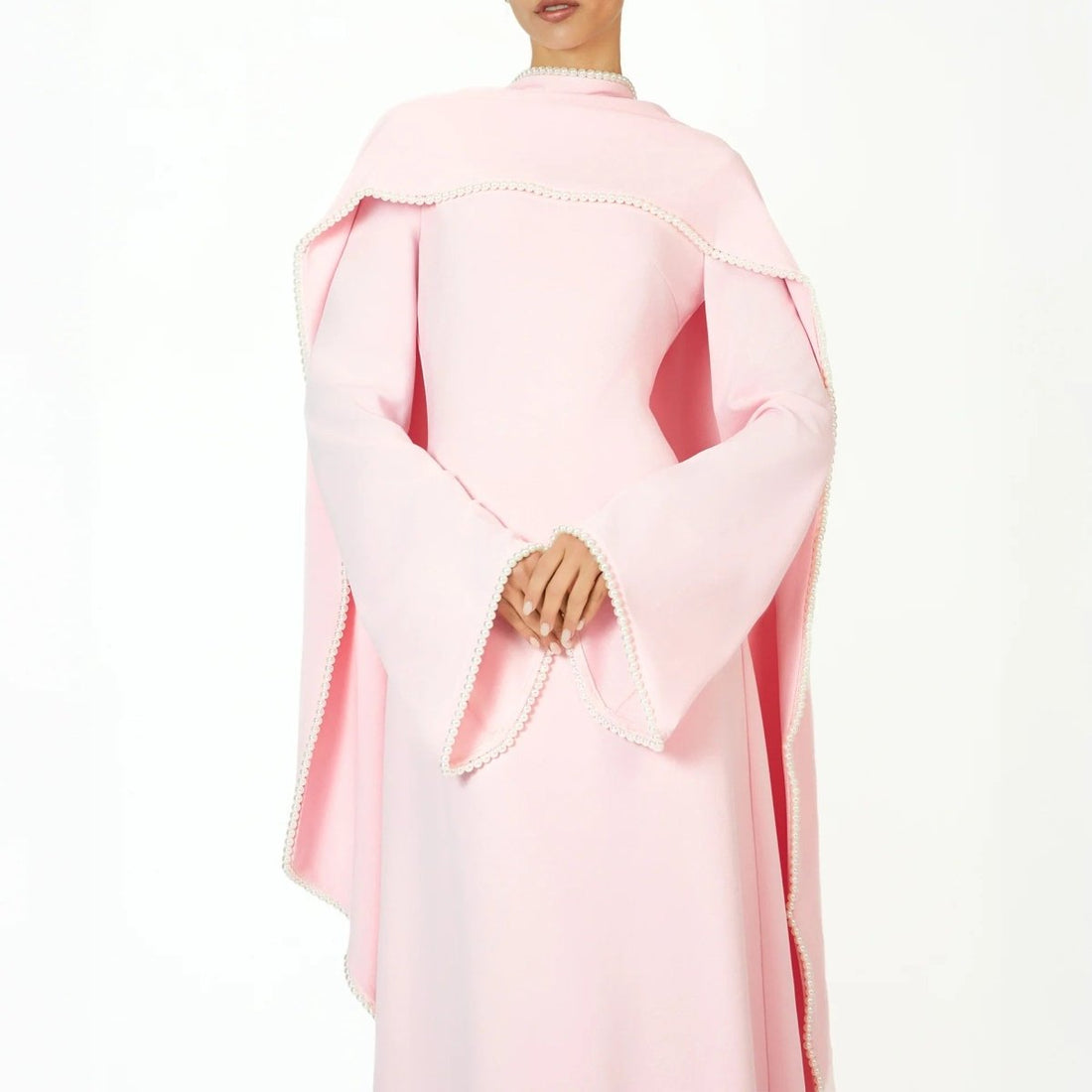 Pearl Embellished Cape Sleeve Evening Dress – Luxury Abaya