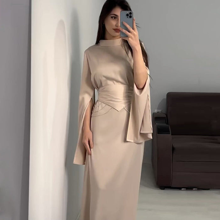 Elegant Semi-Turtleneck Long Sleeve Spring Court-Style Satin Dress ...