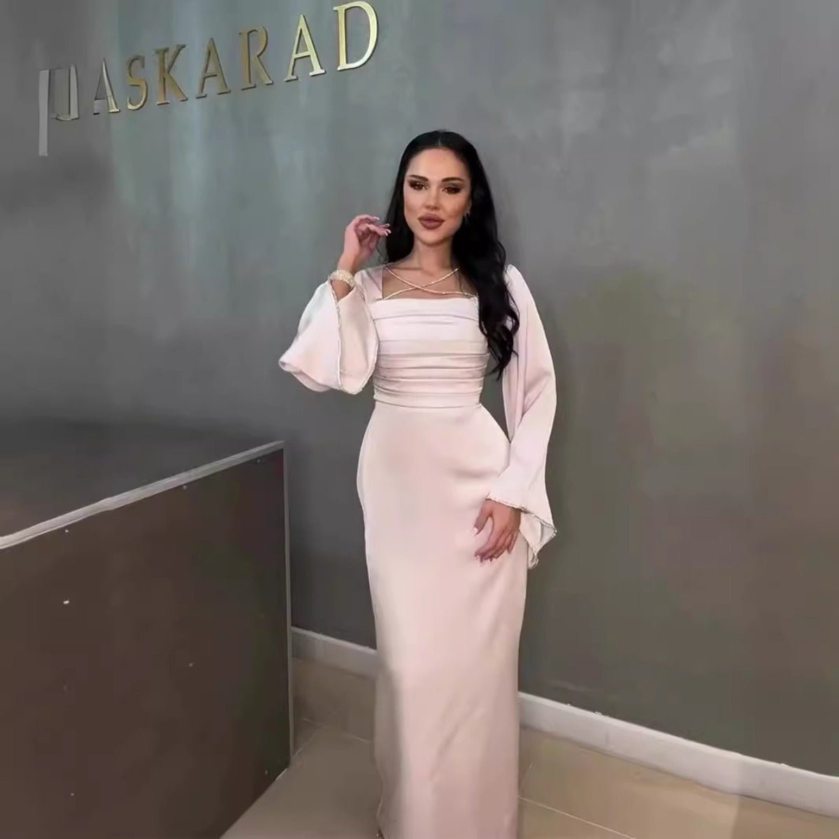 Elegant Square Neck Silk Satin Diamond Necklace Long Sleeve Gown with