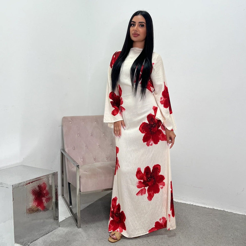 Floral Print Bell Sleeve Maxi Dress Abaya (MA214) - Mariam's Collection