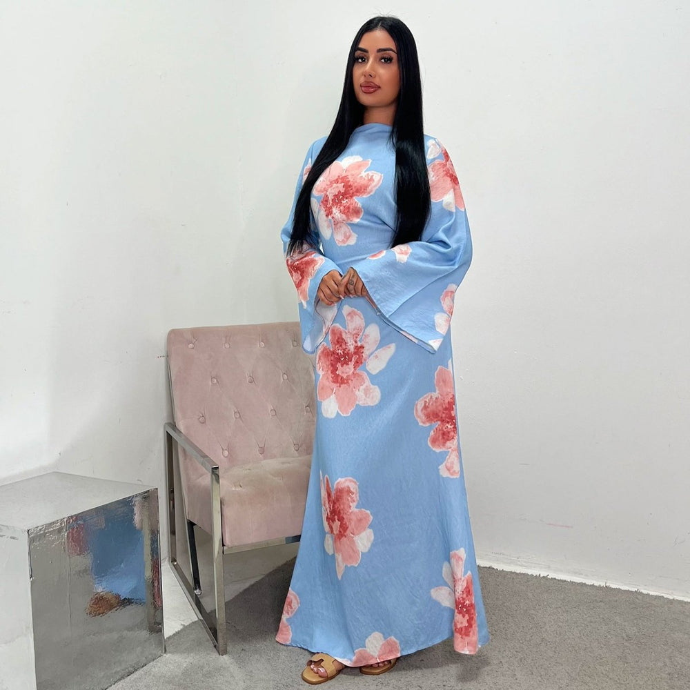 Floral Print Bell Sleeve Maxi Dress Abaya (MA214) - Mariam's Collection