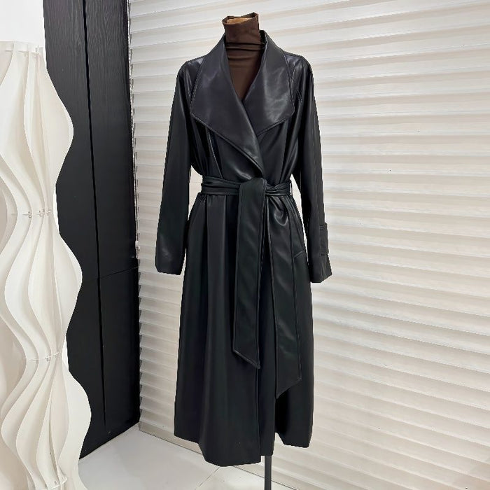 French Style Leather Trench Coat | Wide Lapel Belted Mid-Length Jacket