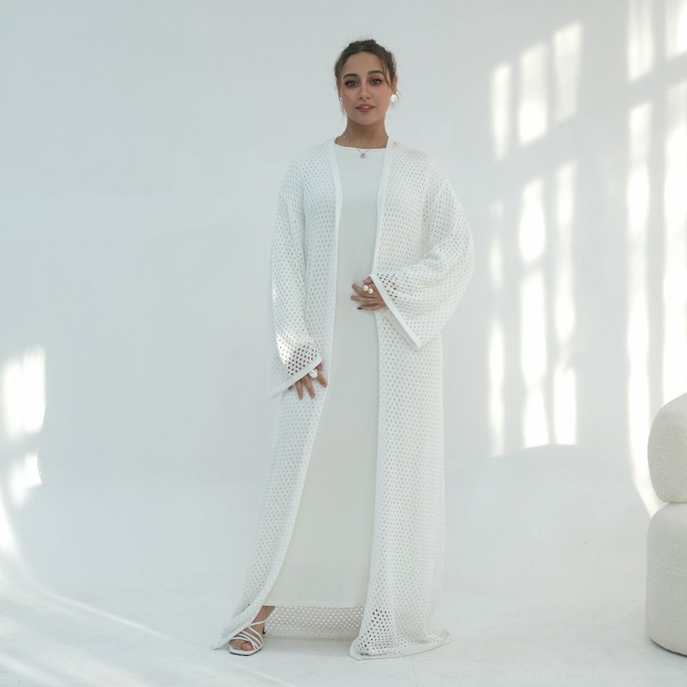 Hollow-Out Knit Open Abaya Cardigan with Waist Belt(MOA315)