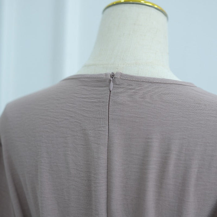 Ice Silk Crinkle Round Neck A-Line Work Dress with Decorative Button ...