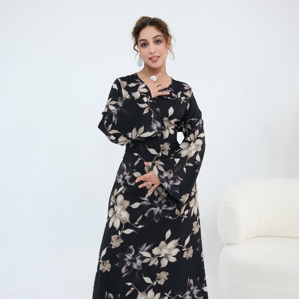 Ink Floral Satin Maxi Dress – Bell Sleeve Satin Abaya