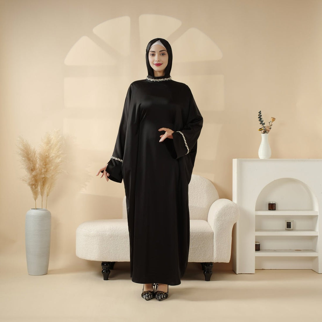 Kaftan Batwing Sleeve Luxury Satin Diamond Abaya 2-Piece Set (MA121) - Mariam's Collection
