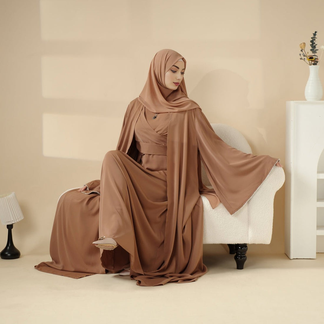 Open Kimono Abaya Set, Kimono Style Abaya 3-Piece Set