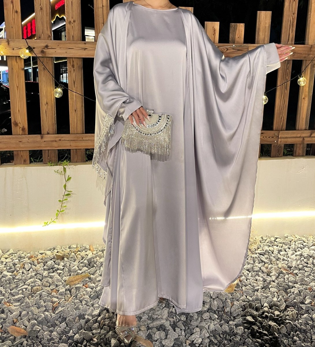 Lace Trimmed Fringed Butterfly Satin Open Abaya 2-Piece Set (MOA114 ...
