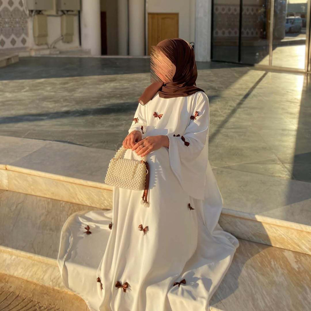 Loose Hem Long Abaya with Bell Sleeves & Butterfly Bow Detail