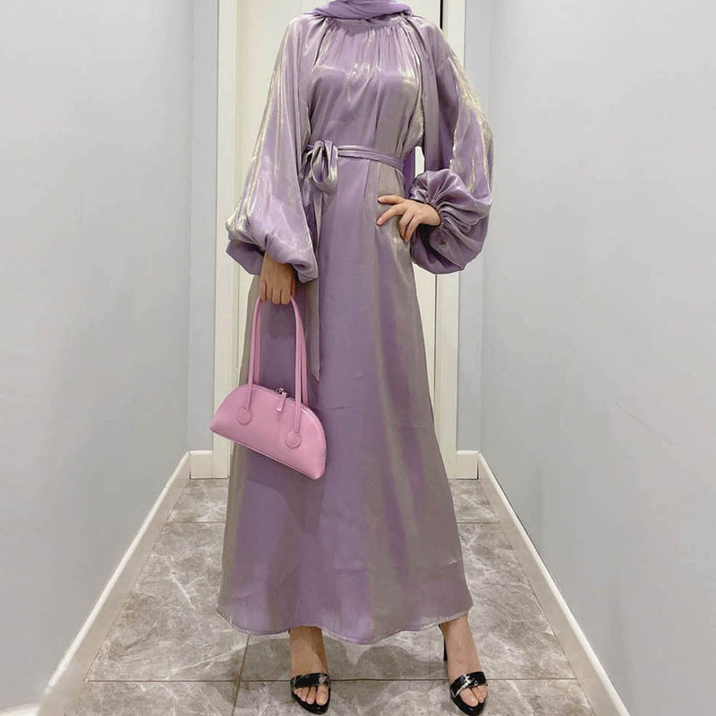 Luxurious Shimmer Abaya with Lantern Sleeves | Stand Collar Back Tie M