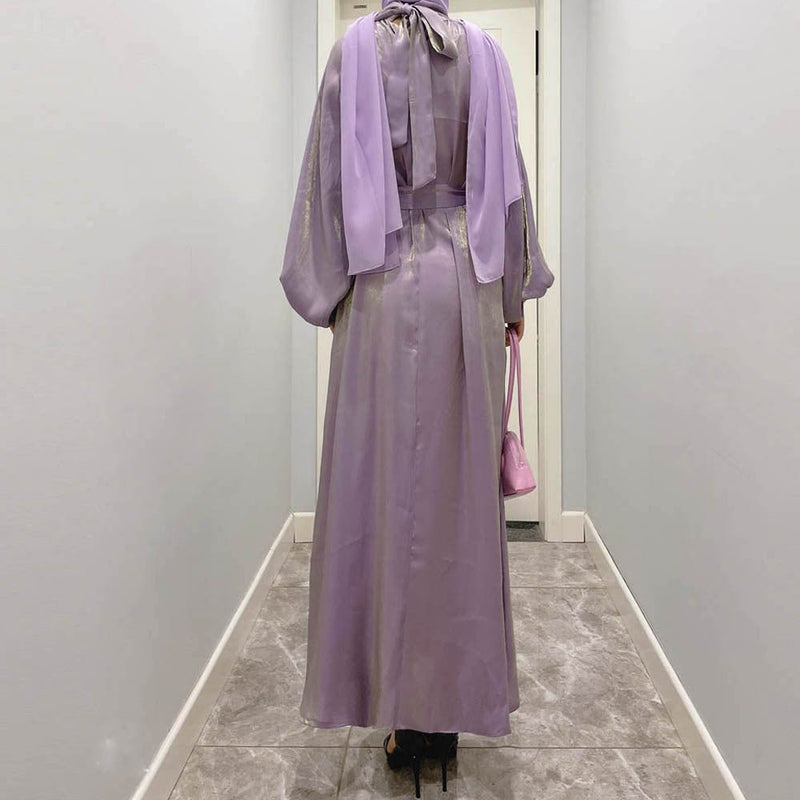 Luxurious Shimmer Abaya with Lantern Sleeves | Stand Collar Back Tie M