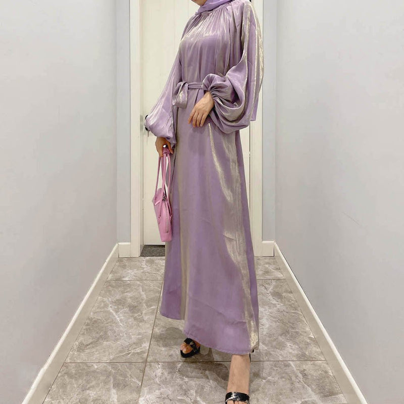Luxurious Shimmer Abaya with Lantern Sleeves | Stand Collar Back Tie M