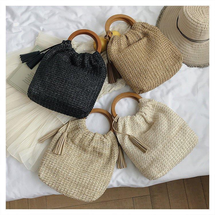 MAC132 Fashionable Straw Simple Beach Tassel Bucket Bag - Mariam's ...
