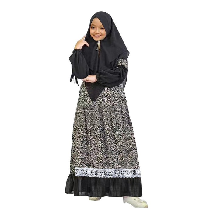 MKG012 Girls Patchwork Floral Abaya 2-Piece Set - Mariam's Collection