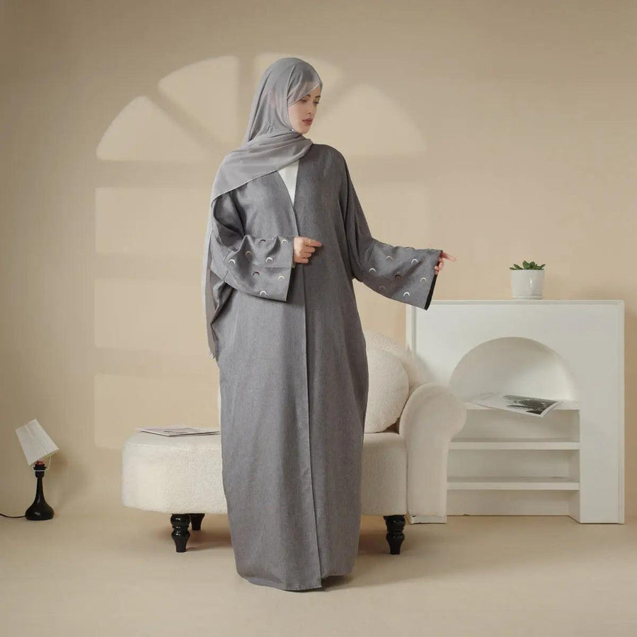 MOA029 Moon Embroidery Open Abaya with Hijab 2-Piece Set - Mariam's ...