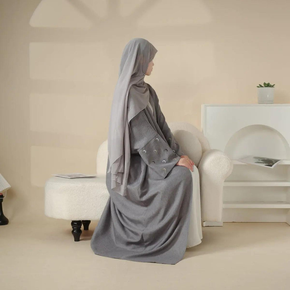 MOA029 Moon Embroidery Open Abaya with Hijab 2-Piece Set - Mariam's ...