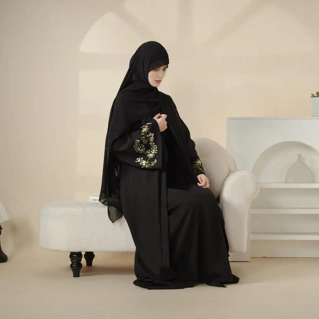 Olive Branch Embroidered Linen Abaya Set With Matching Belt & Hijab
