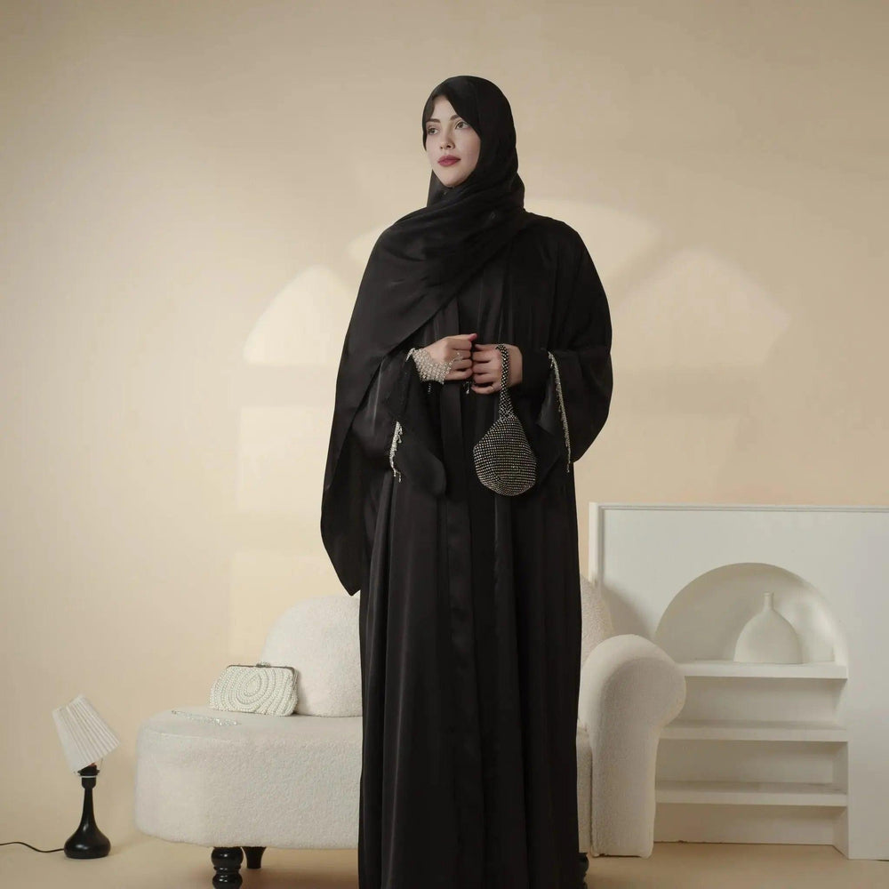 Luxurious Satin Abaya With Diamond Tassels Belt, 6-Piece Set (MOA041)
