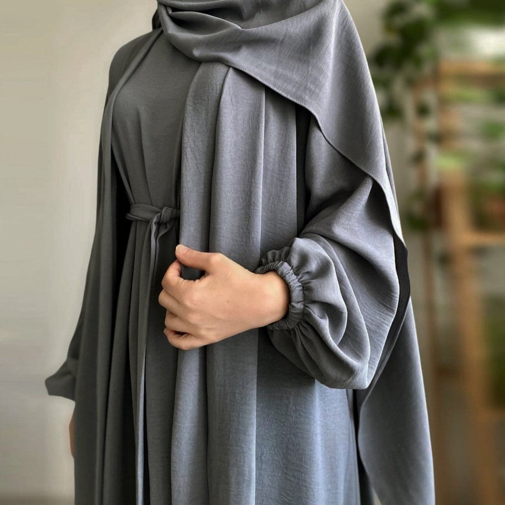Solid Color Elegant Open Abaya with Pockets | 3-Piece Set Open Abaya