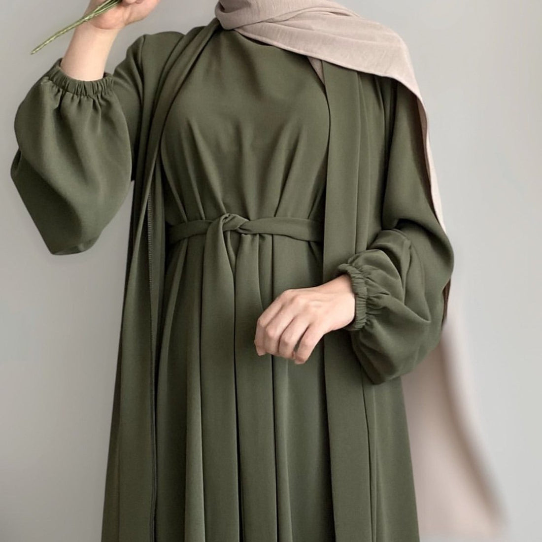 Solid Color Elegant Open Abaya with Pockets | 3-Piece Set Open Abaya
