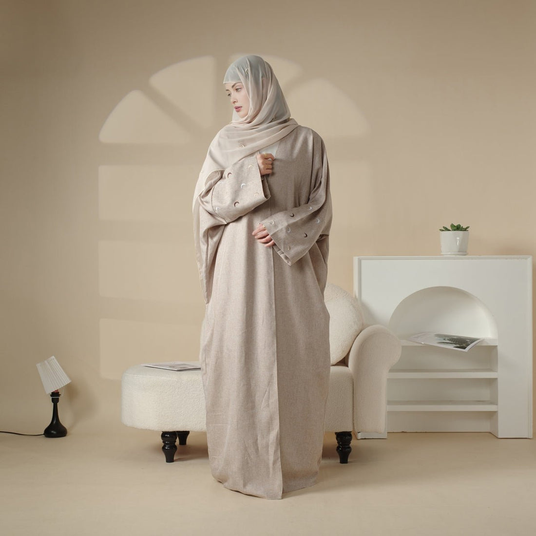 MOA029 Moon Embroidery Open Abaya with Hijab 2-Piece Set - Mariam's ...