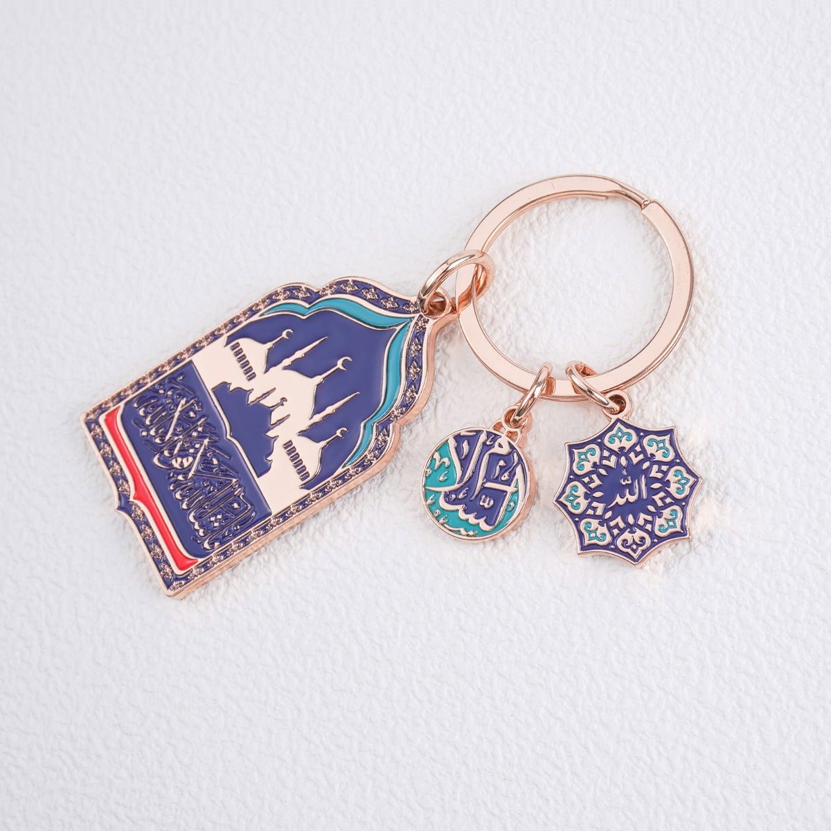 Mosque Keychain Car Hanger | Rose Gold Islamic Prayer Beads with Blue