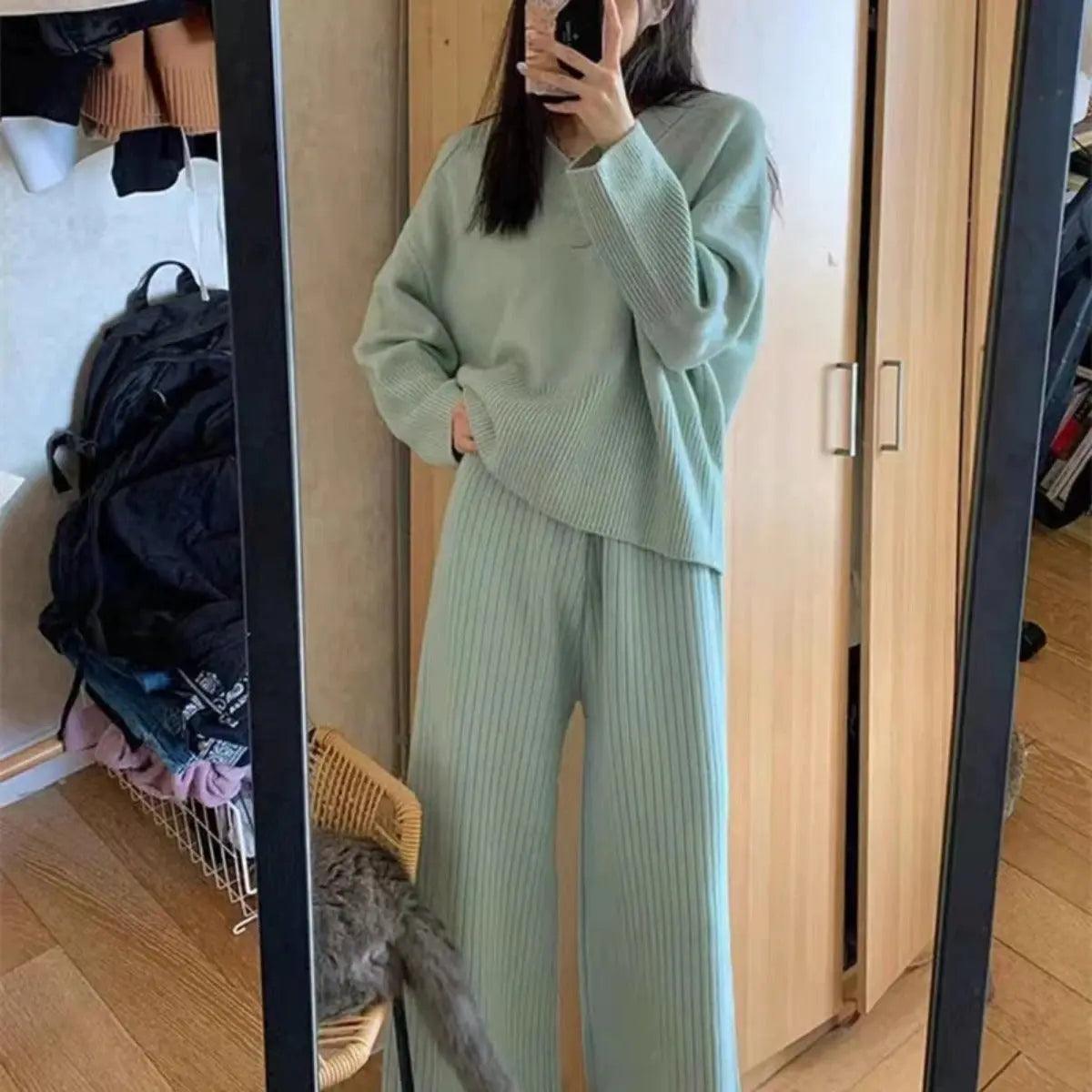 MS019 2 Piece Outfits Sweater High Waist Wide Leg Pants And Long Sleeve ...
