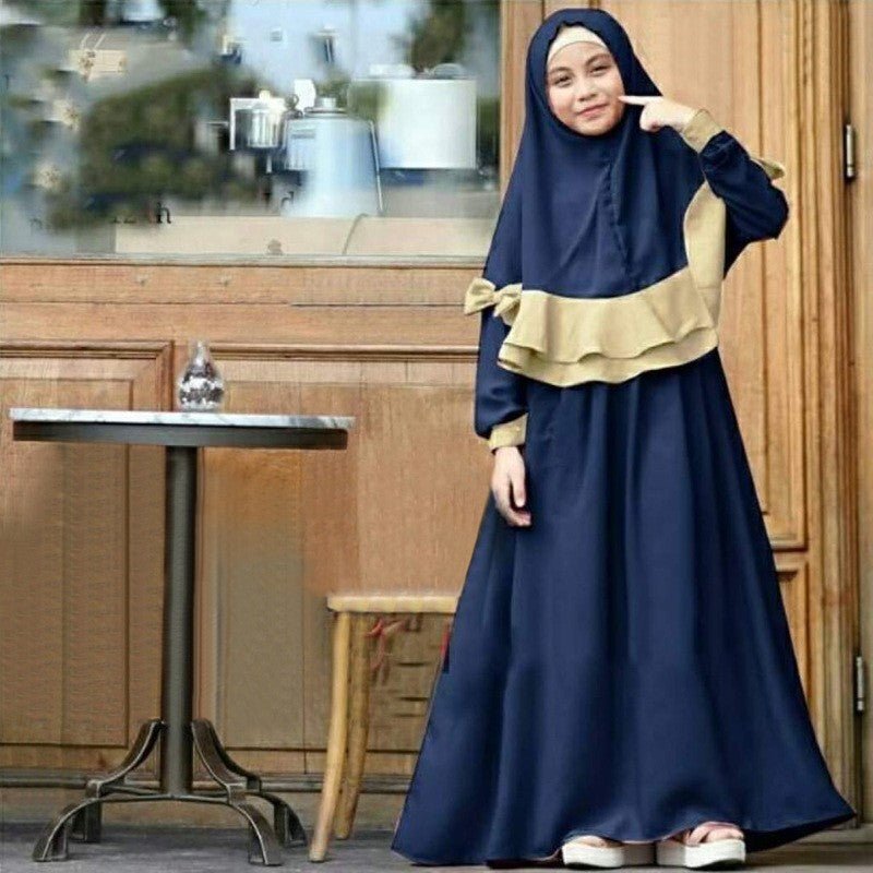 Muslim Girls Dress & Bow Hijab Set with Ruffle Trim