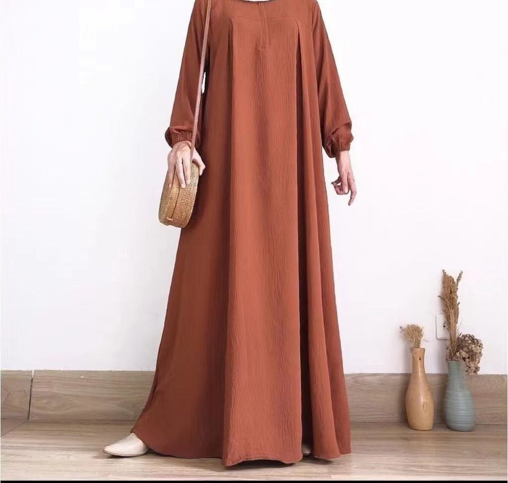 Muslim Luxury Autumn Hues Bubble Sleeve Dress | Modest Robe with Plack