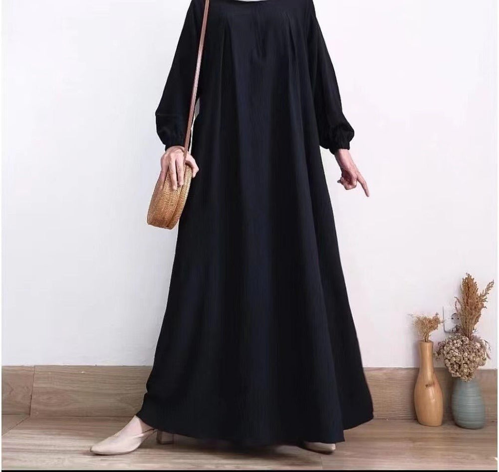 Muslim Luxury Autumn Hues Bubble Sleeve Dress | Modest Robe with Plack