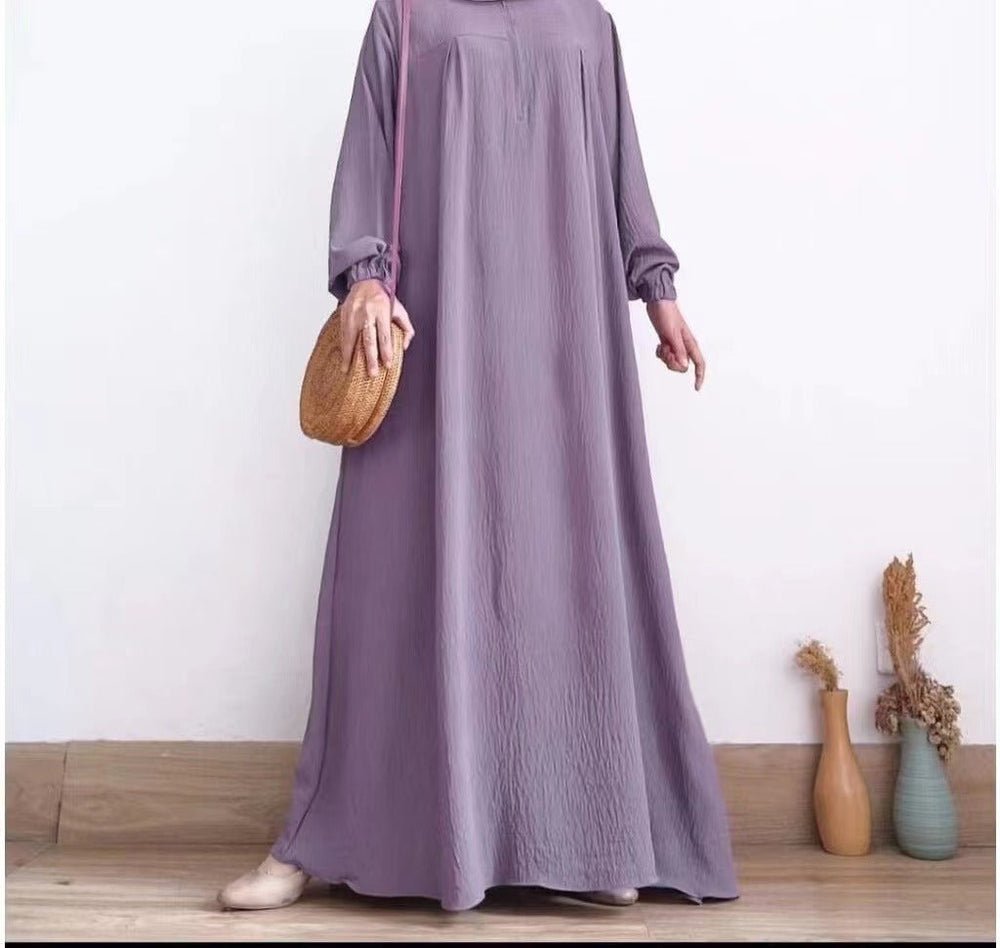 Muslim Luxury Autumn Hues Bubble Sleeve Dress | Modest Robe with Plack